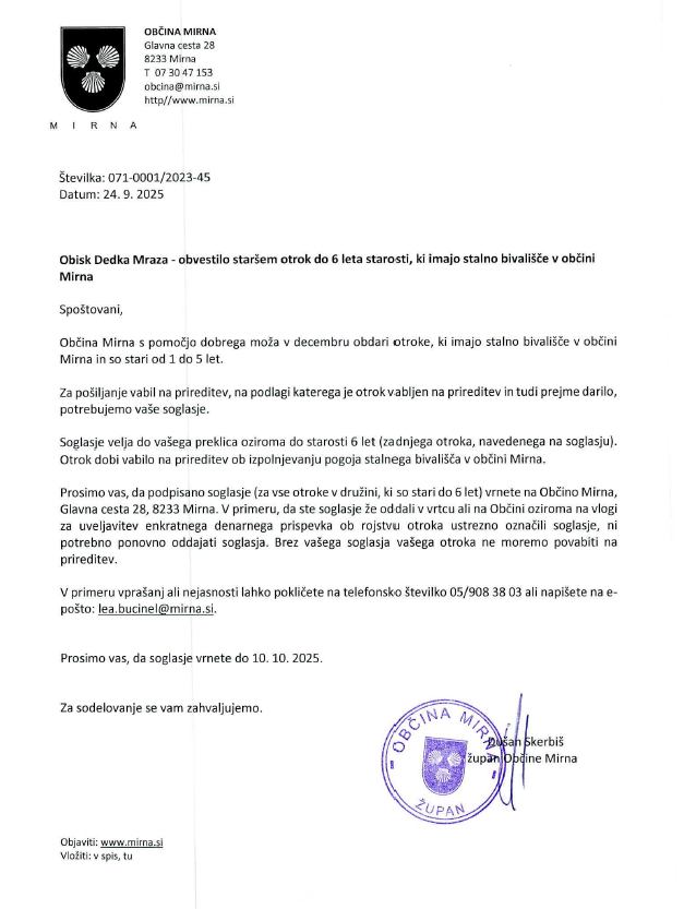 Obvestilo staršem -Obisk Dedka Mraza - mirna.si